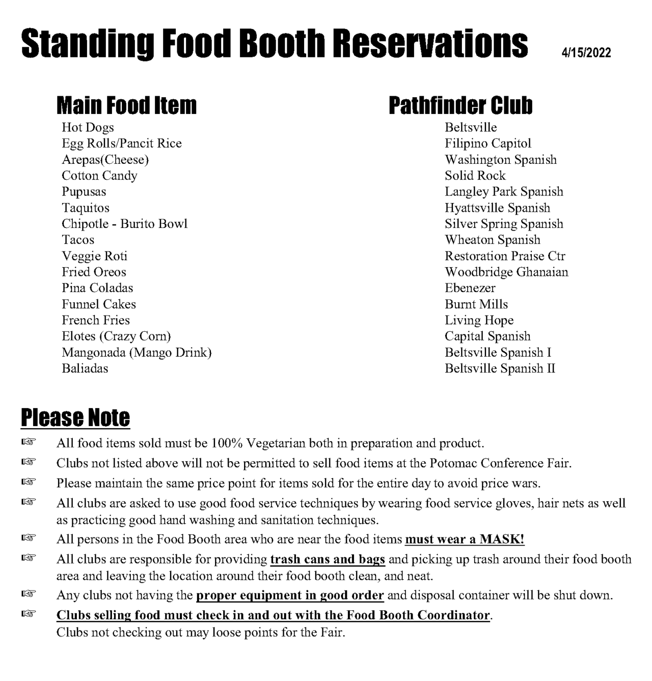 Food Booth Reservation Form | Potomac